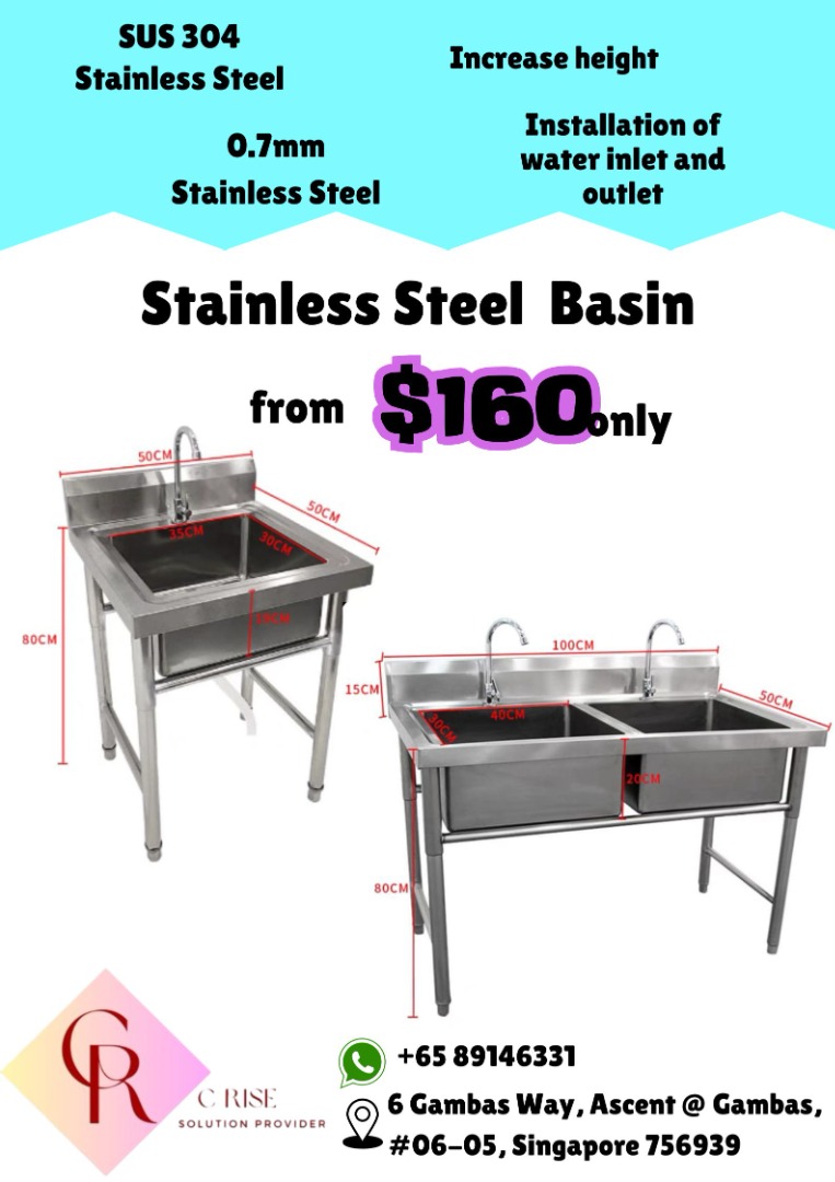 SUS 304 Stainless Steel Commercial Basin, Furniture & Home Living ...