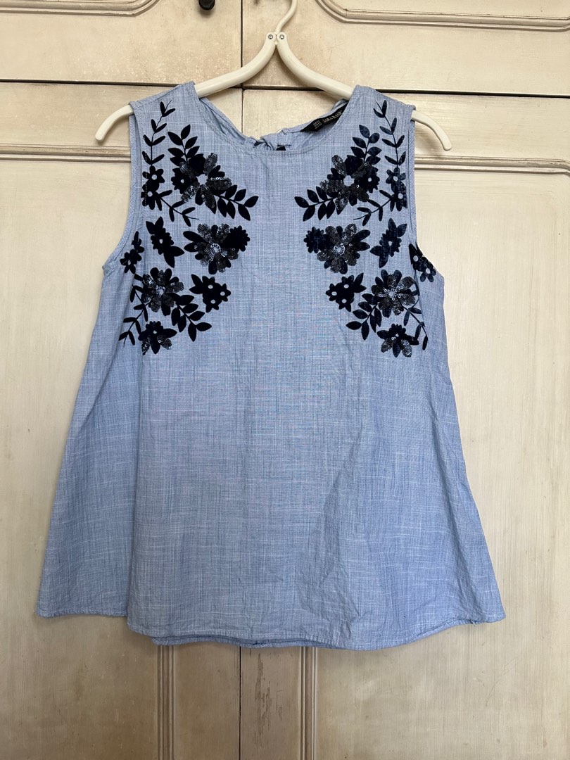 Zara light blue floral top, Women's Fashion, Tops, Sleeveless on Carousell
