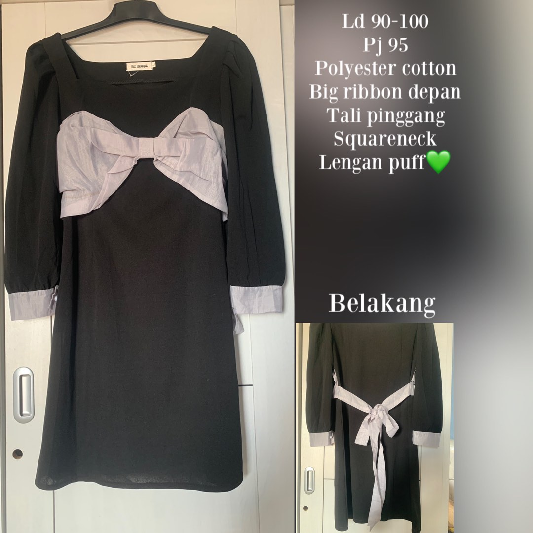 Black Dress kombinasi ribbon big, Fesyen Wanita, Pakaian Wanita, Gaun & Rok di Carousell