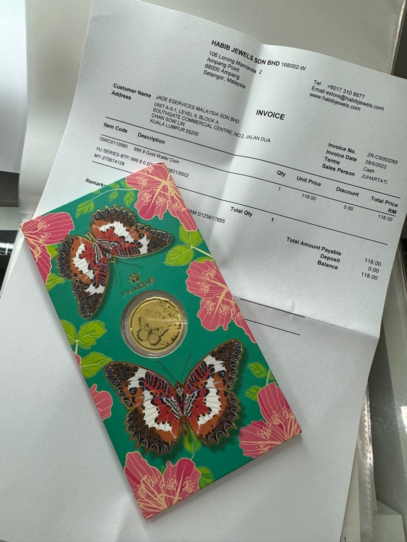 Habib 999.9 Butterfly Wafer Coin (0.2g), Luxury, Accessories on Carousell