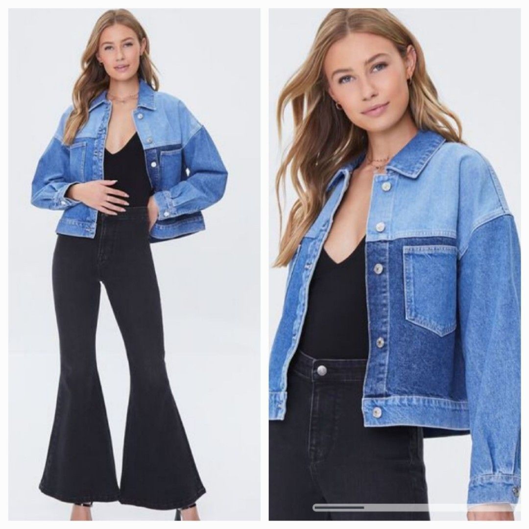 Colorblock denim jacket, Fesyen Wanita, Pakaian Wanita, Atasan di Carousell