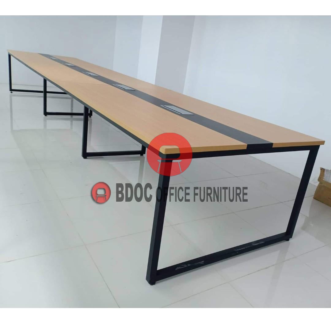Long conference table with metal legs and laminated wood / office ...