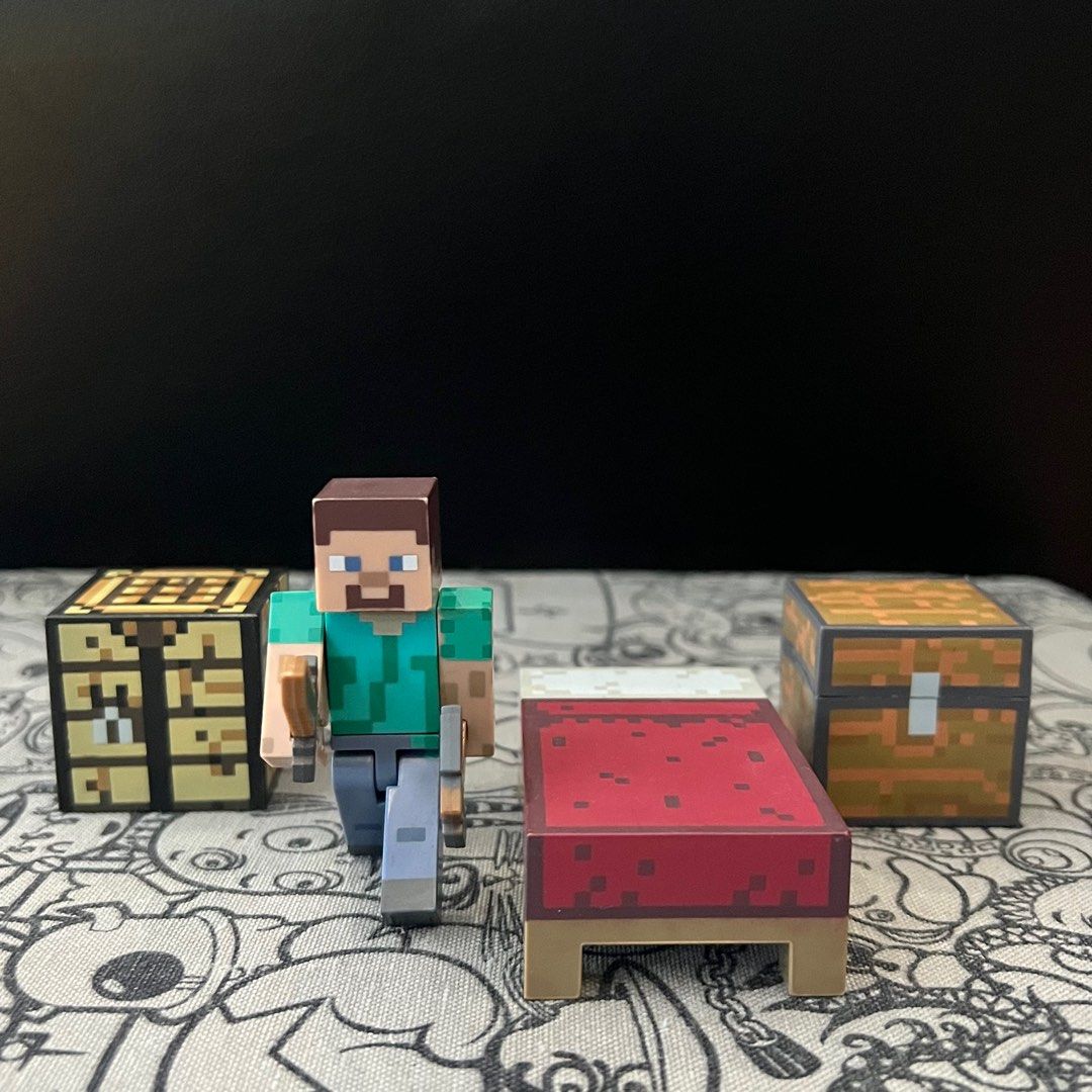 MINECRAFT SET: Steve w/ Stone Pick Axe and Sword w/ Bed, Crafting Table ...