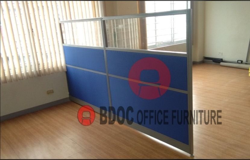 wall panel partition with glass and blue fabric / office partition ...