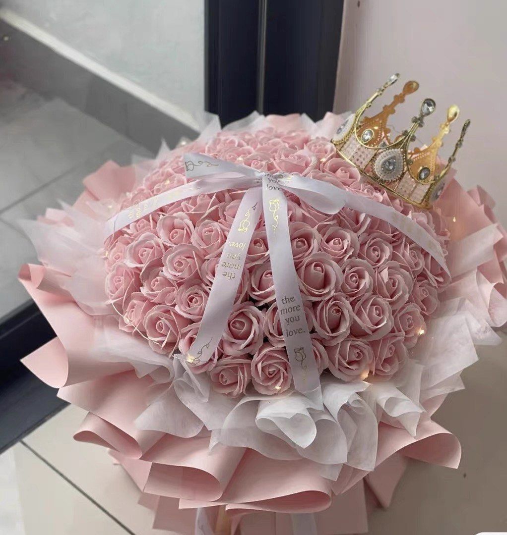 99 Stalks DIY Everlasting Baby Blue/Pink Rose Preserved Flower Bouquet ...