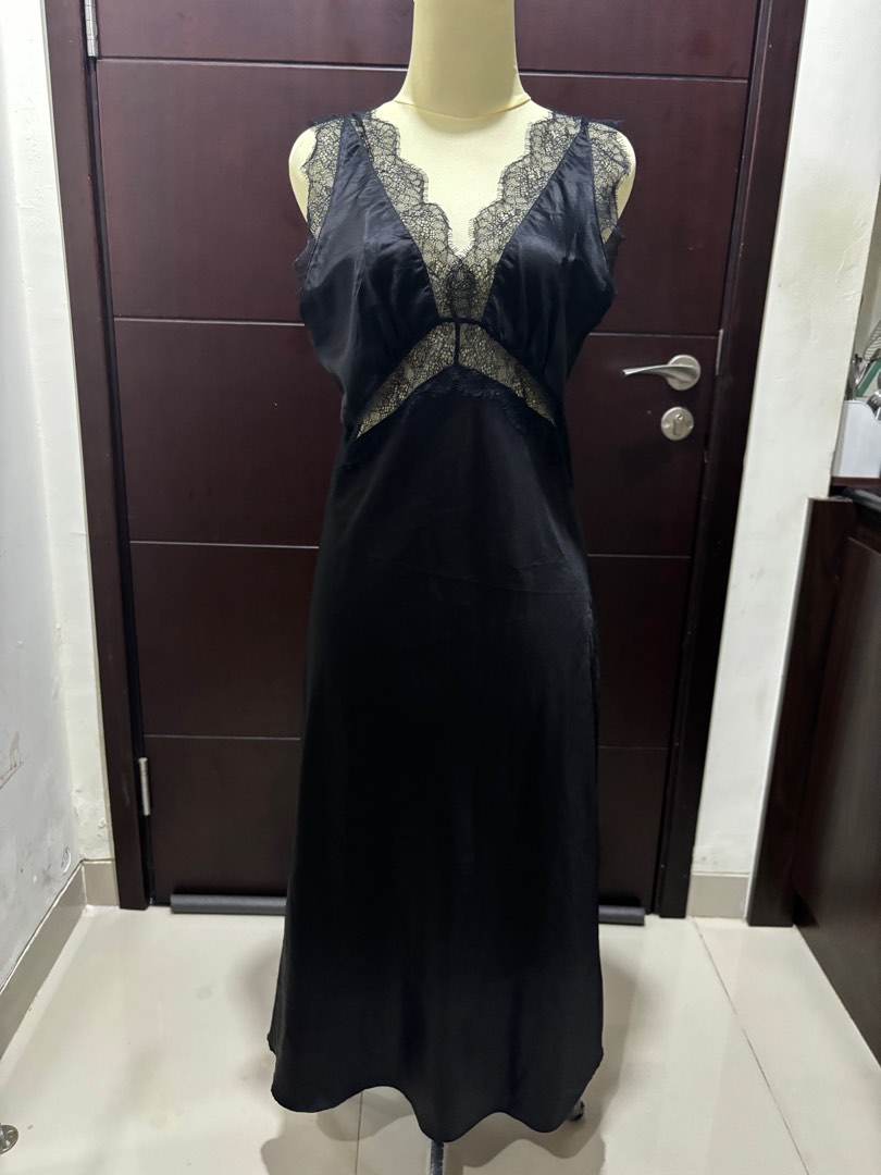 Vera wang long lingerie black dress lace night gown, Fesyen Wanita ...