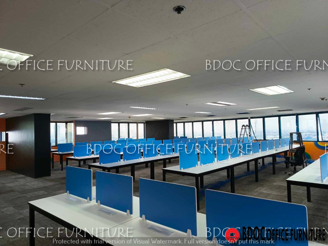 working table with blue acrylic divider in the middle metal legs ...