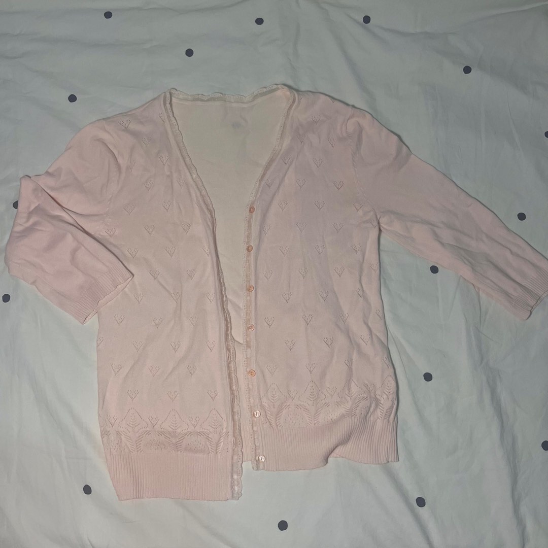 Soft Pink Coquette 3/4 Cardigan with Heart Shapes, Women's Fashion ...