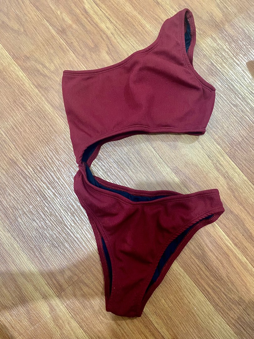 Maroon one piece / red one piece ribbed swimsuit, Women's Fashion ...