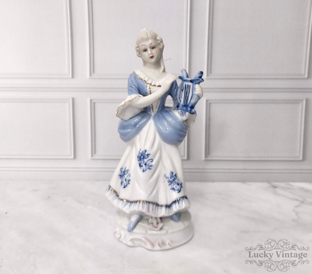 Vintage Keramik Porselen Figure Lady With Harpa Music - Patung Eropa ...