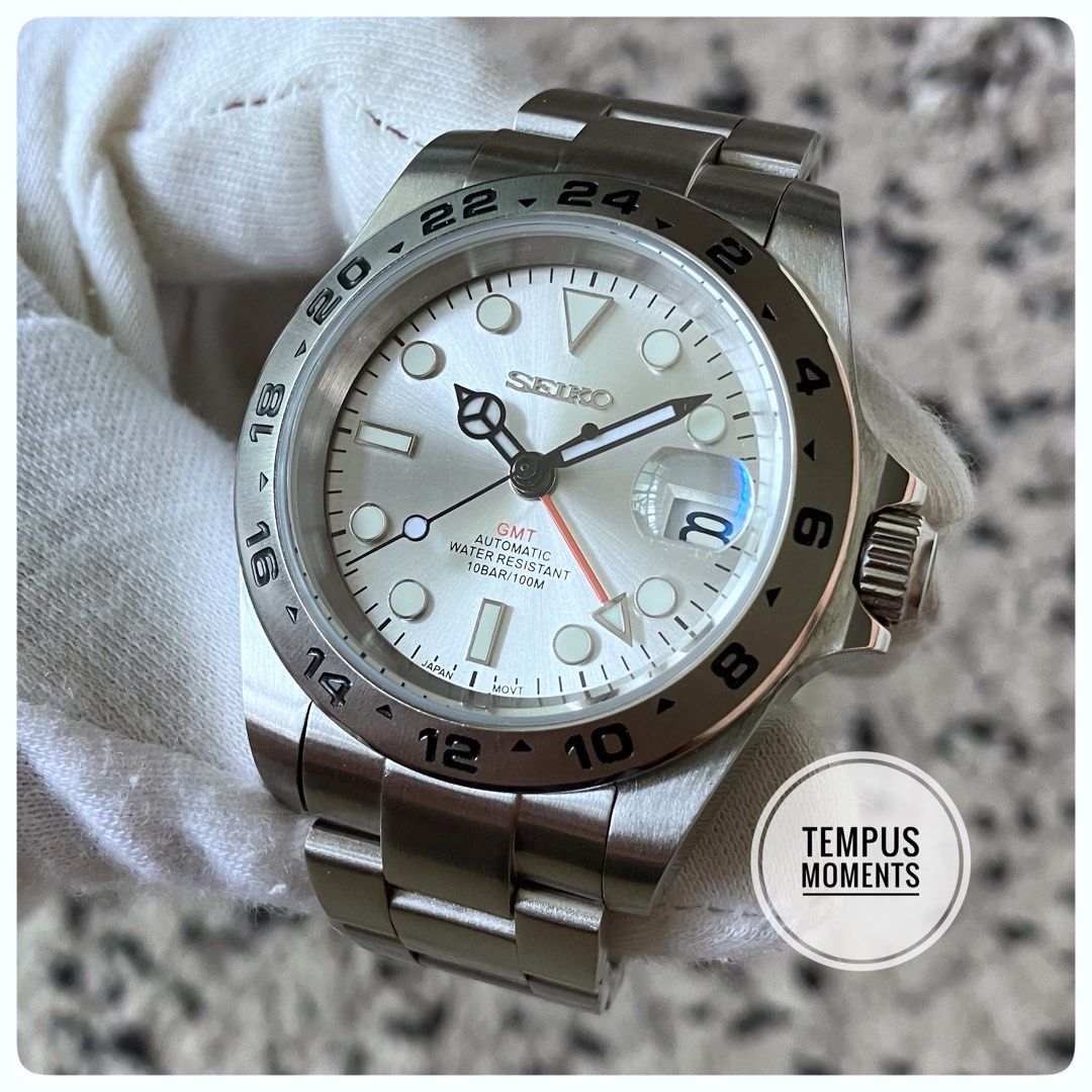 GMT Explorer Silver automatic watch - Seiko mod, Men's Fashion, Watches ...