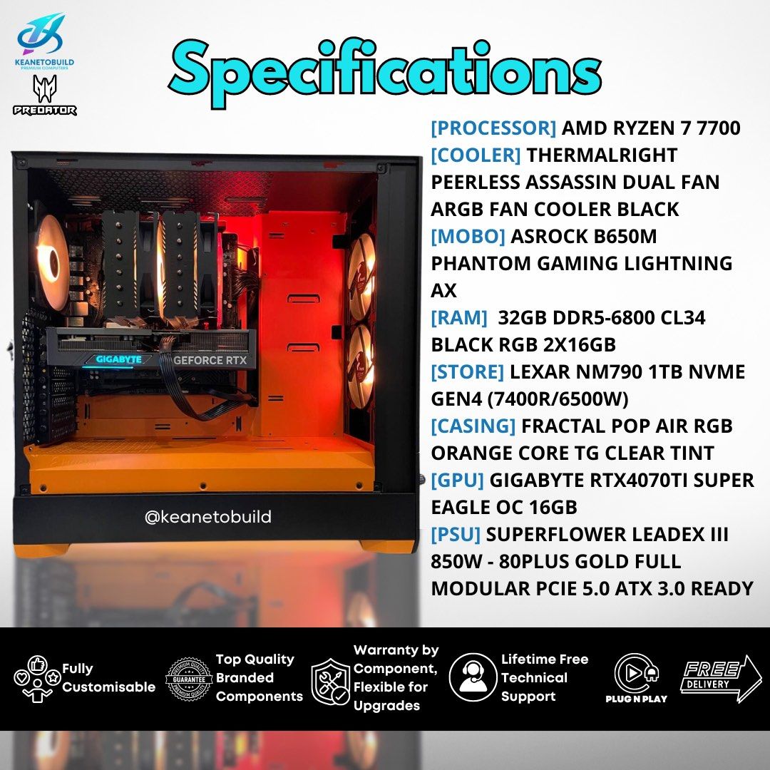 Custom Gaming PC Computer Desktop Ryzen 7 7700 + RTX 4070 TI SUPER ...