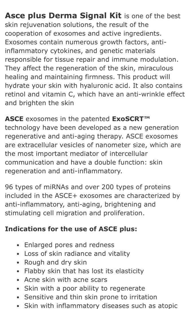 EXOSOMES ASCE+ SRLV (20MG+5ML) 外泌體, 美容＆個人護理, 健康及美容 - 皮膚護理, 面部 - 面部護理 ...
