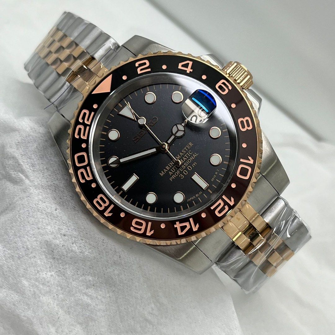 Seiko mod submariner root beer ceramic bezel sapphire glas jubile strap ...