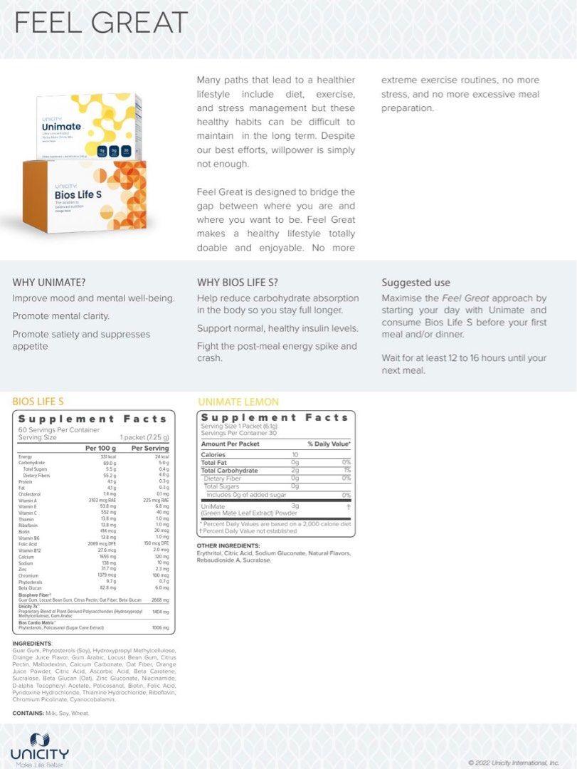 Unicity Feel Great Set / Bios Life S + Unimate, Health & Nutrition ...