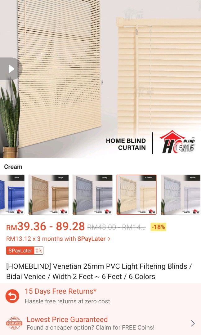 Home Blind Curtain Venetian blind W 4 feet x H 6 feet warna cream, Furniture & Home Living, Home ...