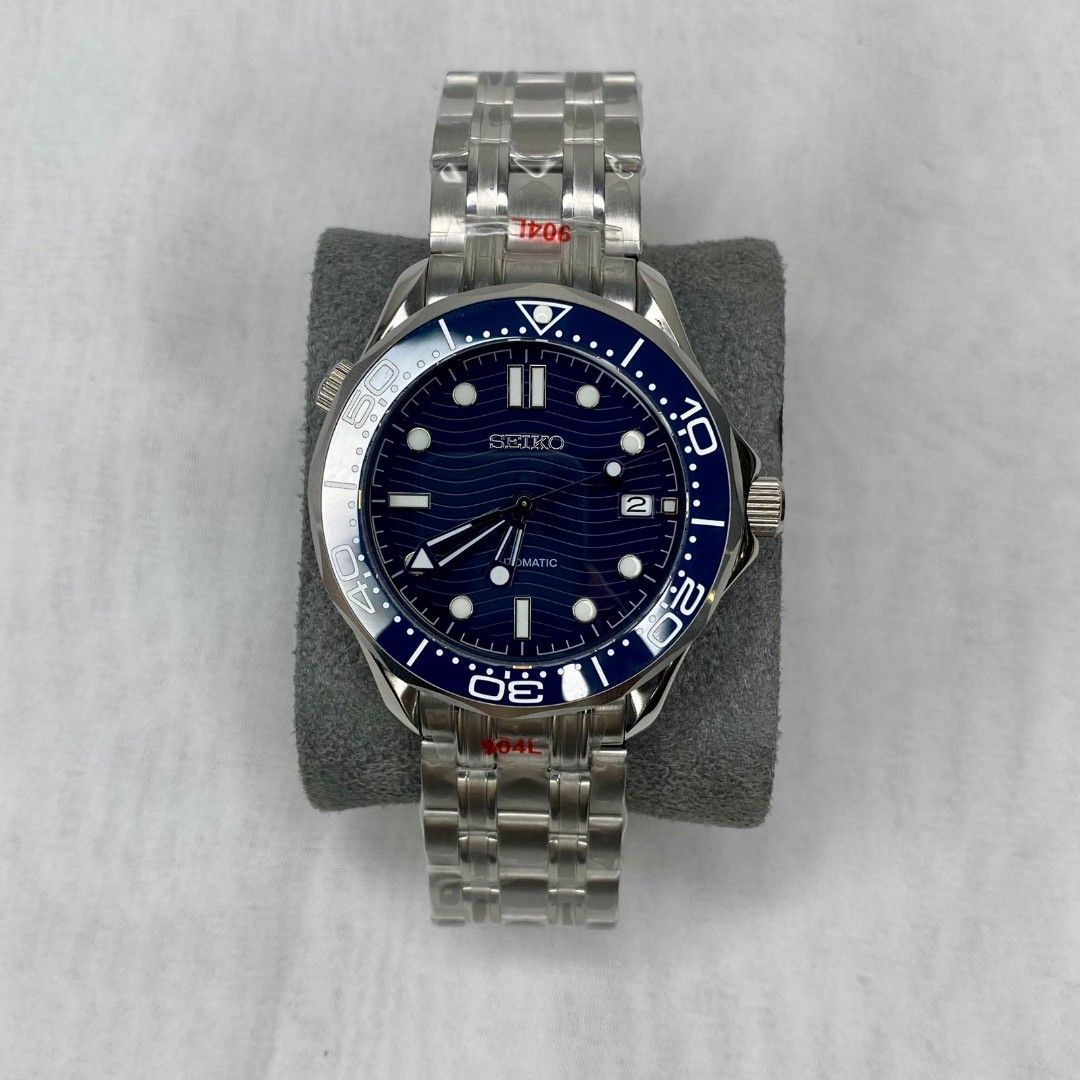 Seiko mod omega Seamaster blue dial nh35 automatic ceramic Bezel kaca sapphire, Fesyen Pria, Jam ...
