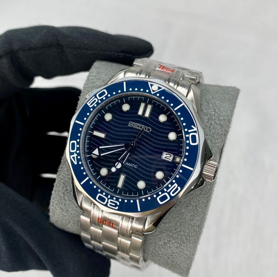 Seiko mod omega Seamaster blue dial nh35 automatic ceramic Bezel kaca ...