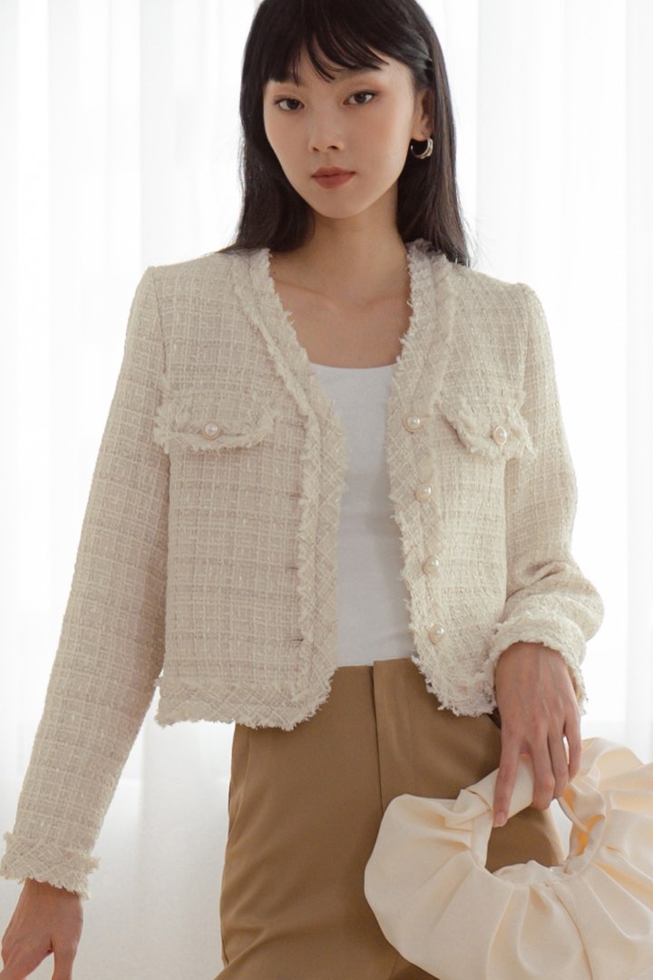 Chantel Tweed Jacket in Ivory Beige Fashmob, Women's Fashion, Coats ...