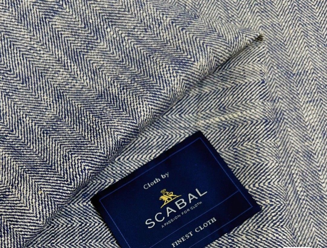 (rare ) Scabal blue slubby herringbone 100% linen for suit jacket ...