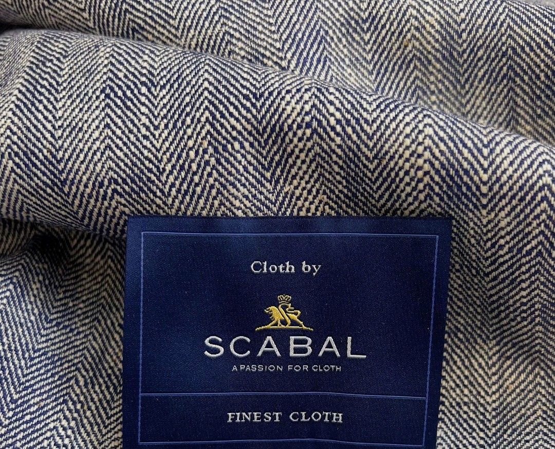 (rare ) Scabal blue slubby herringbone 100% linen for suit jacket ...