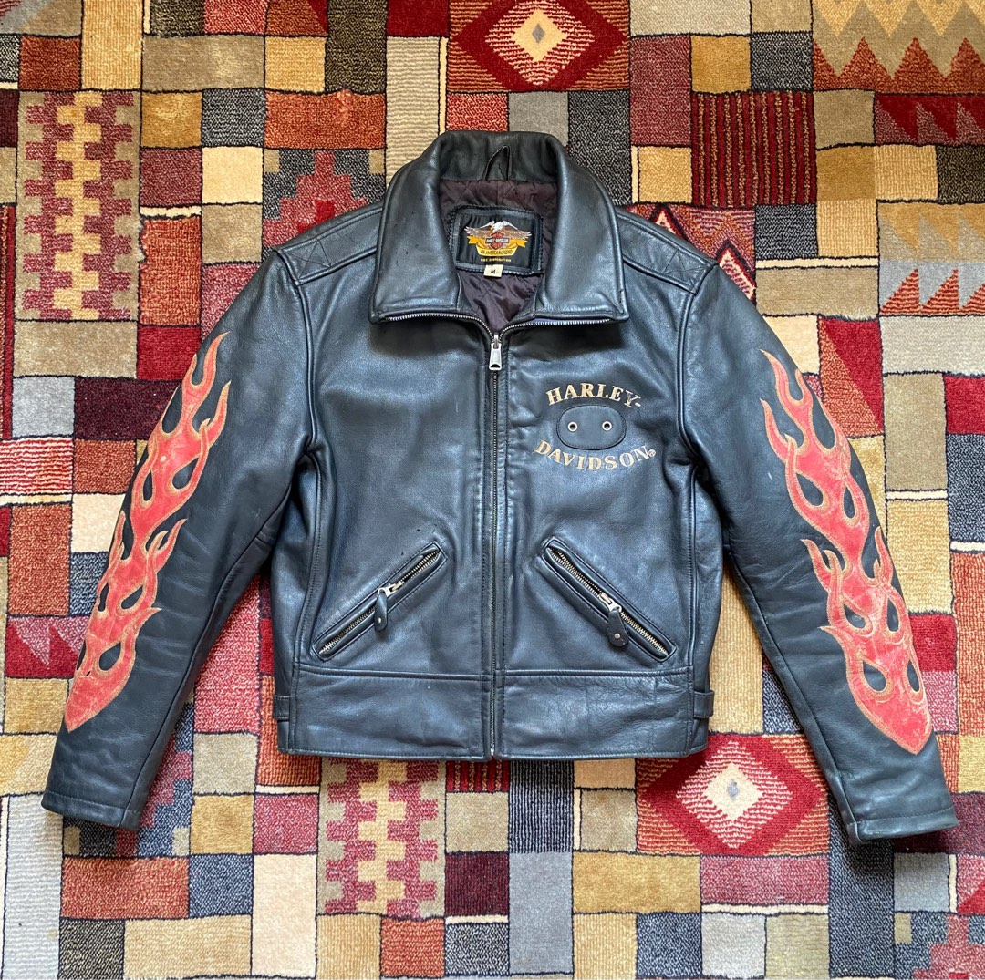 rare harley davidson flame biker jacket, Men's Fashion, Coats, Jackets ...