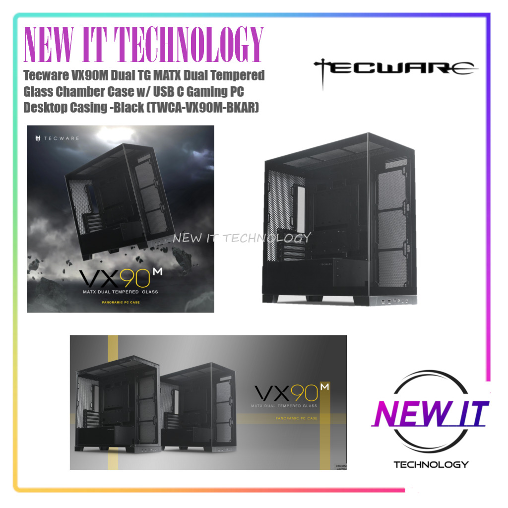 Tecware VX90M Dual TG MATX Dual Tempered Glass Chamber Case w/ USB C Gaming PC Desktop Casing ...