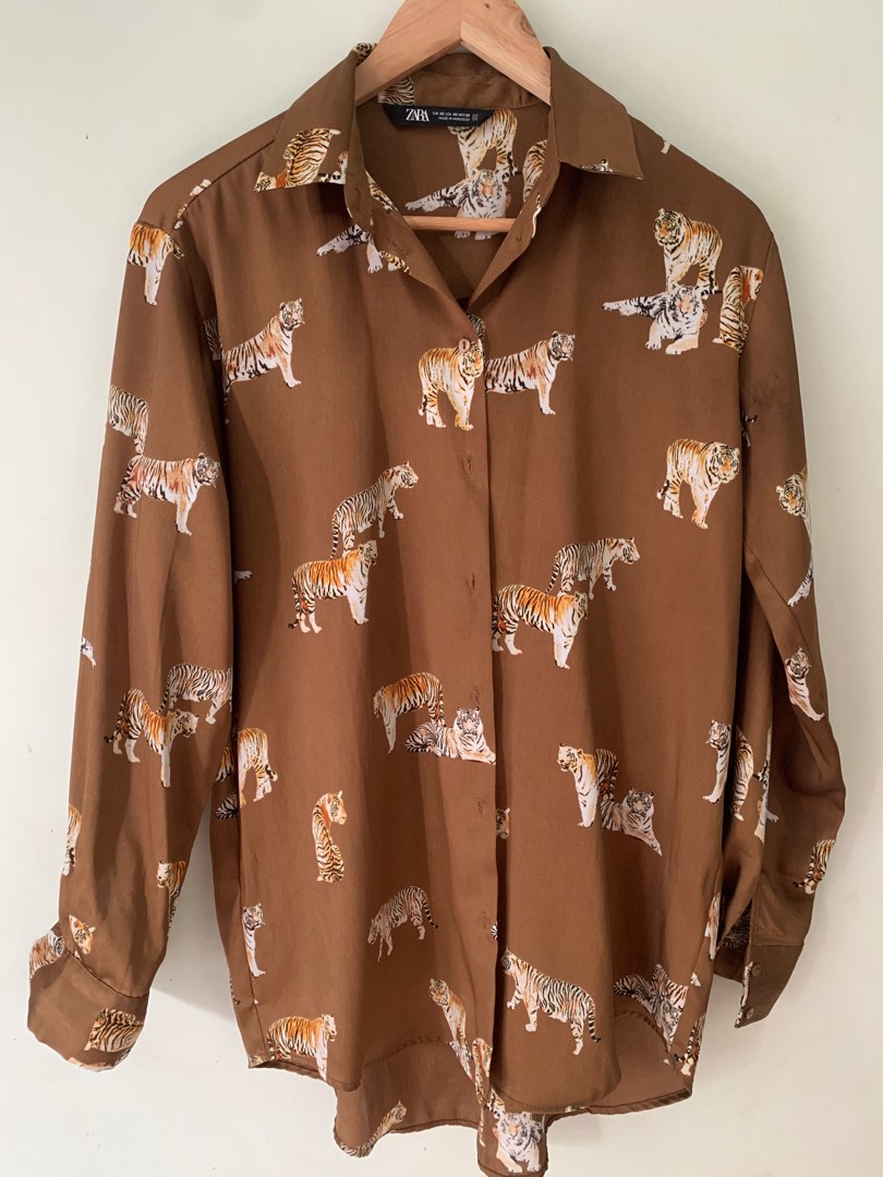 Zara Tiger Satin, Fesyen Wanita, Pakaian Wanita, Atasan di Carousell