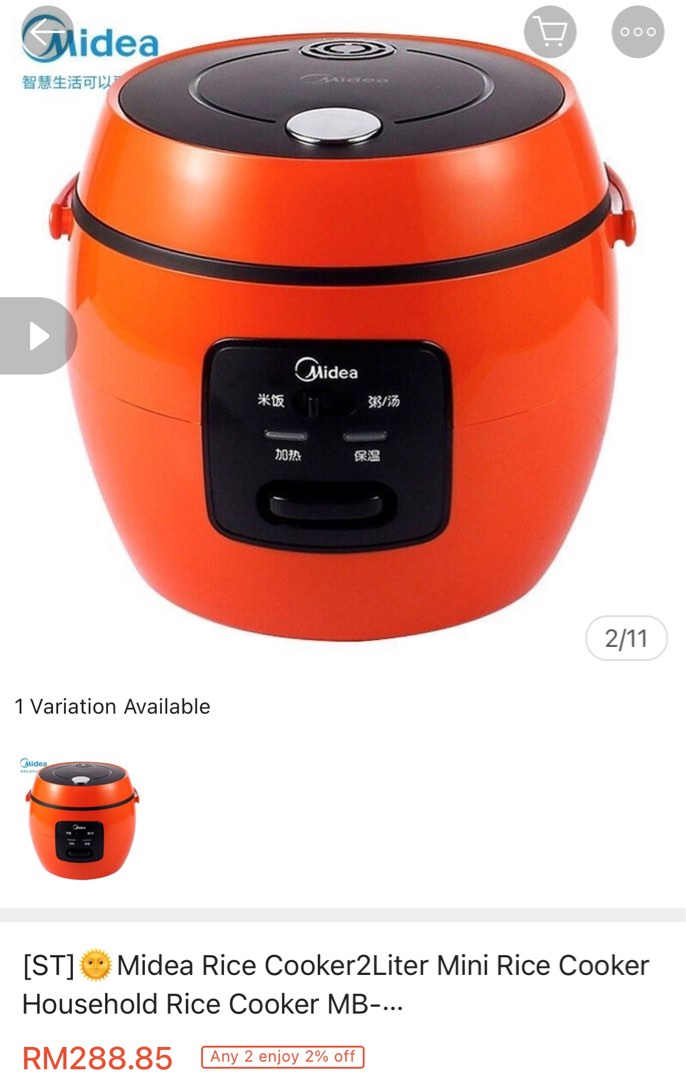 Midea 2L Rice Cooker Orange colour, TV & Home Appliances, Kitchen ...