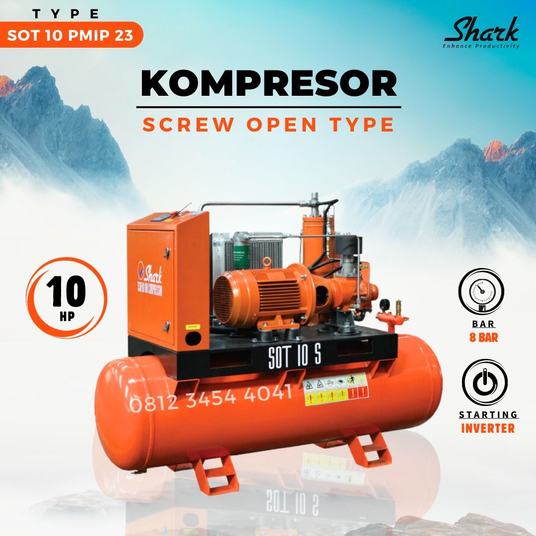 10 HP Mesin Kompresor Screw Open + Tangki 200L SOT Shark, Motor di Carousell