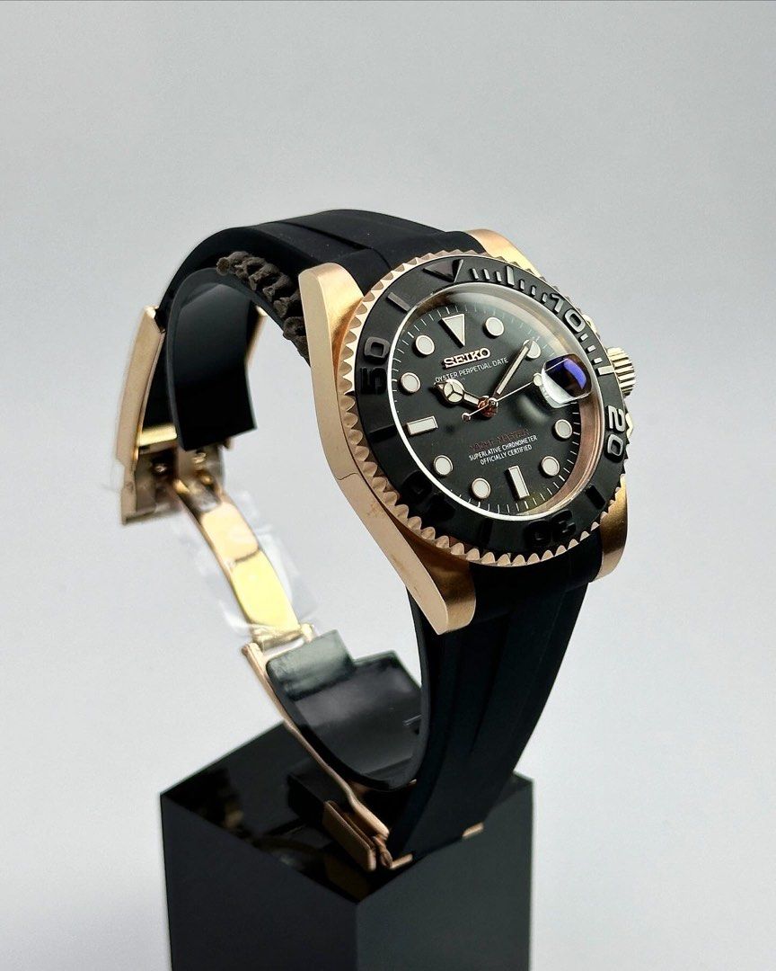 Custom Seiko Mod 40mm Matte Black Red Text Rose Gold Yachtmaster ...