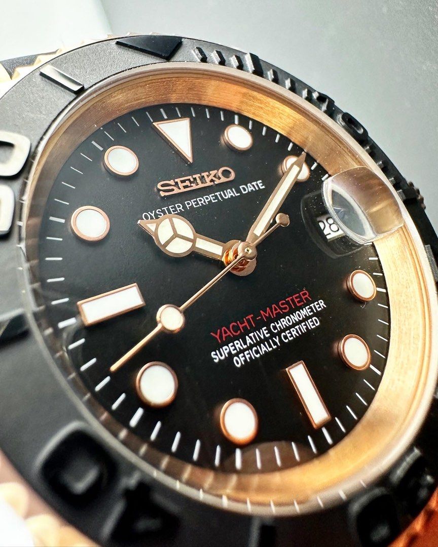 Custom Seiko Mod 40mm Matte Black Red Text Rose Gold Yachtmaster ...