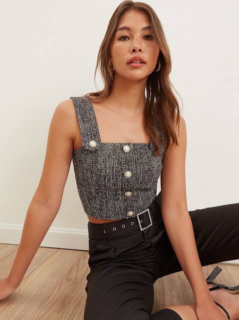 Pomelo tweed crop tank top with buttons - fancy formal dinner date ...