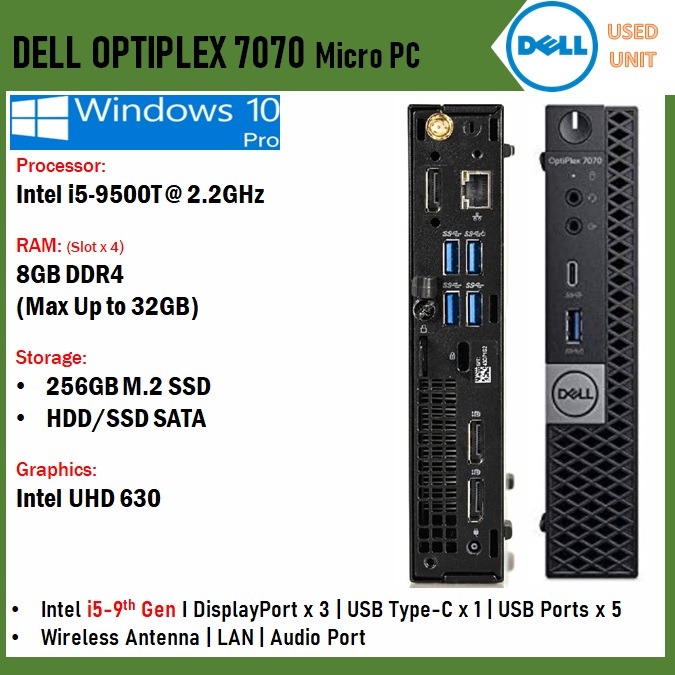 [USED] Dell 7070 Micro PC Intel i5-9th Gen 8GB RAM 256GB SSD W10P (CPU ...