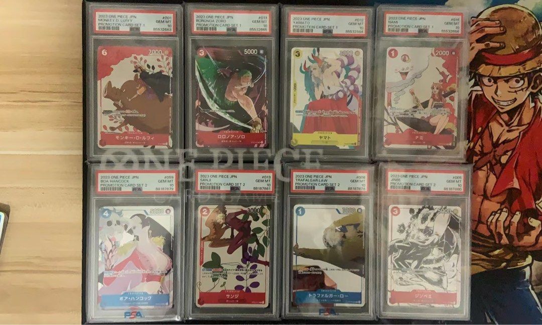 One piece tcg optcg 海賊王card game PSA10 TV賞 路飛 卓洛 娜美 女帝 Set1 Set2 套出 靚號 (共8張)(不散賣）, 興趣及遊戲, 玩具 ...