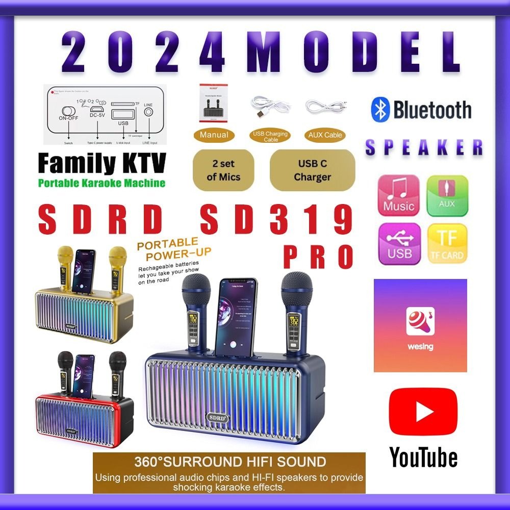 New 2024 model SDRD Speaker SD 319 Pro LED light Wireless Bluetooth KTV Karaoke System ...
