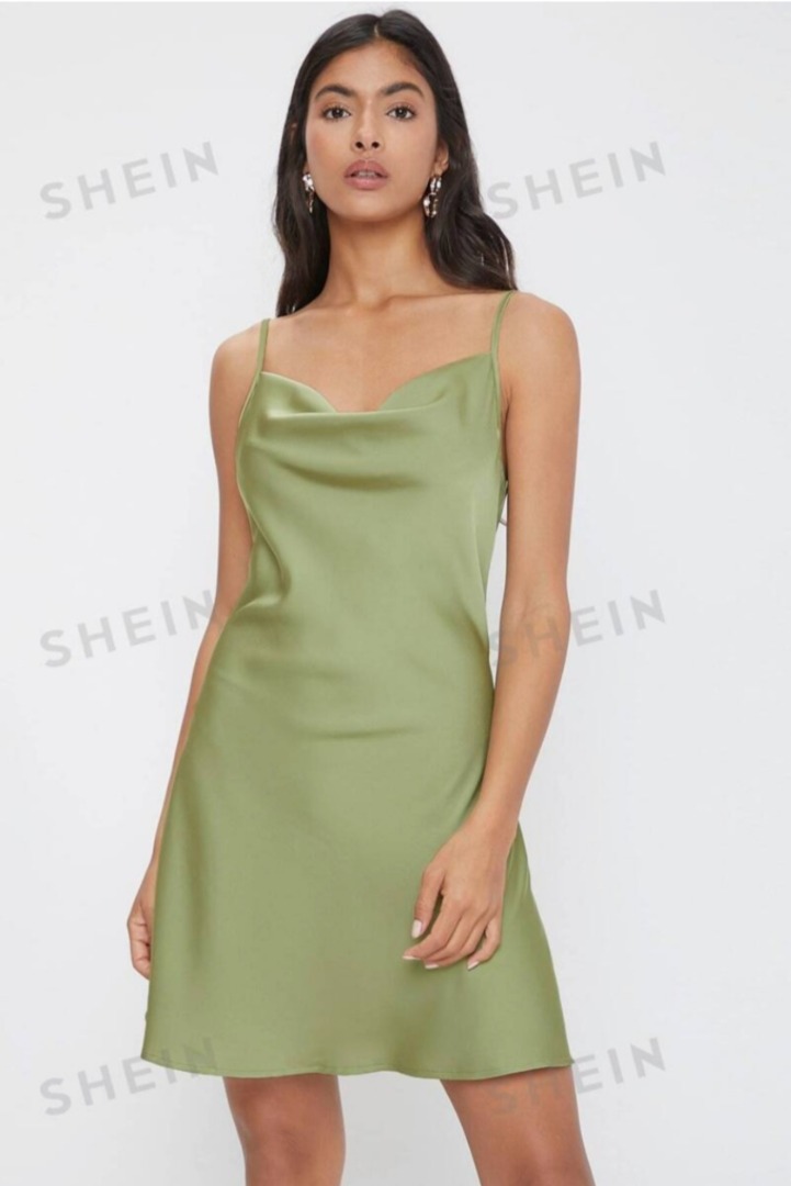 SHEIN Green Cowl Neck Silk/Satin Dress, Women's Fashion, Dresses & Sets, Dresses on Carousell