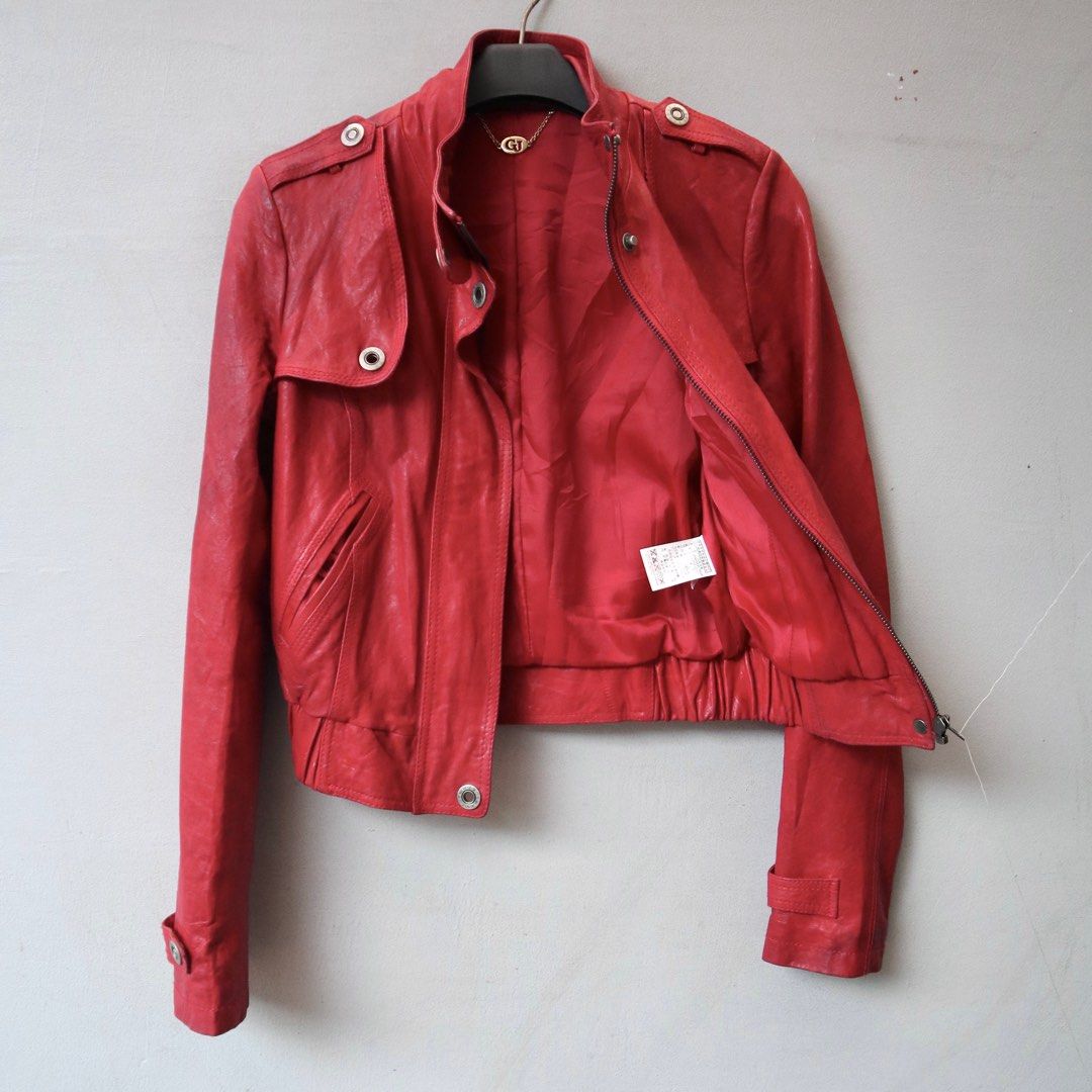 Guess Jaket kulit domba cewek kecil remaja merah slim crop rider biker ...