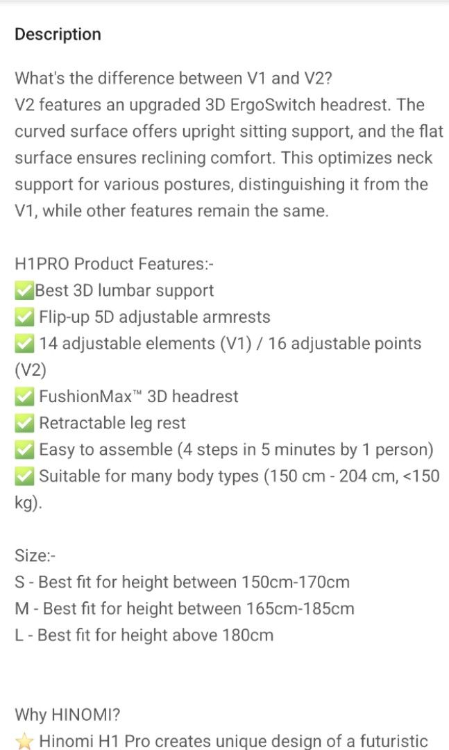 HINOMI H1Pro V2 Ergonomic Chair, Furniture & Home Living, Furniture, Chairs on Carousell