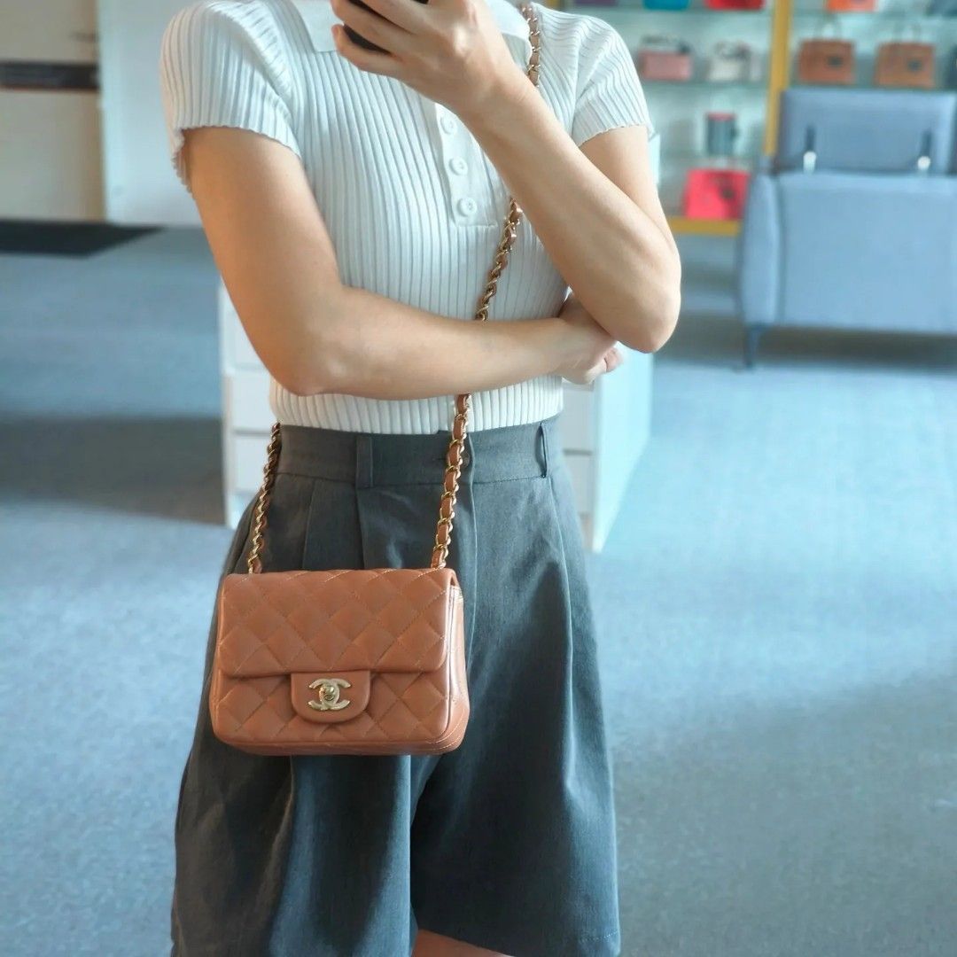 Chanel Classic Mini Square Caramel Lamb Gold Hardware, Luxury, Bags ...