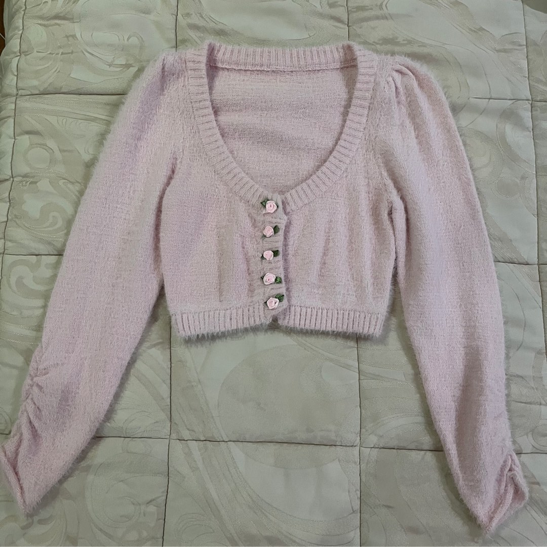 Coquette Pink Fuzzy Rose Cardigan, Women's Fashion, Coats, Jackets and ...