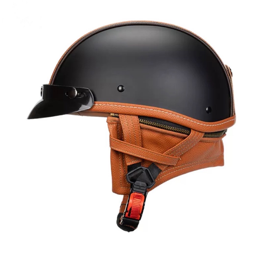 Matte Black with Brown Stripe with Peak Beak Visor Half Cap Motorcycle ...