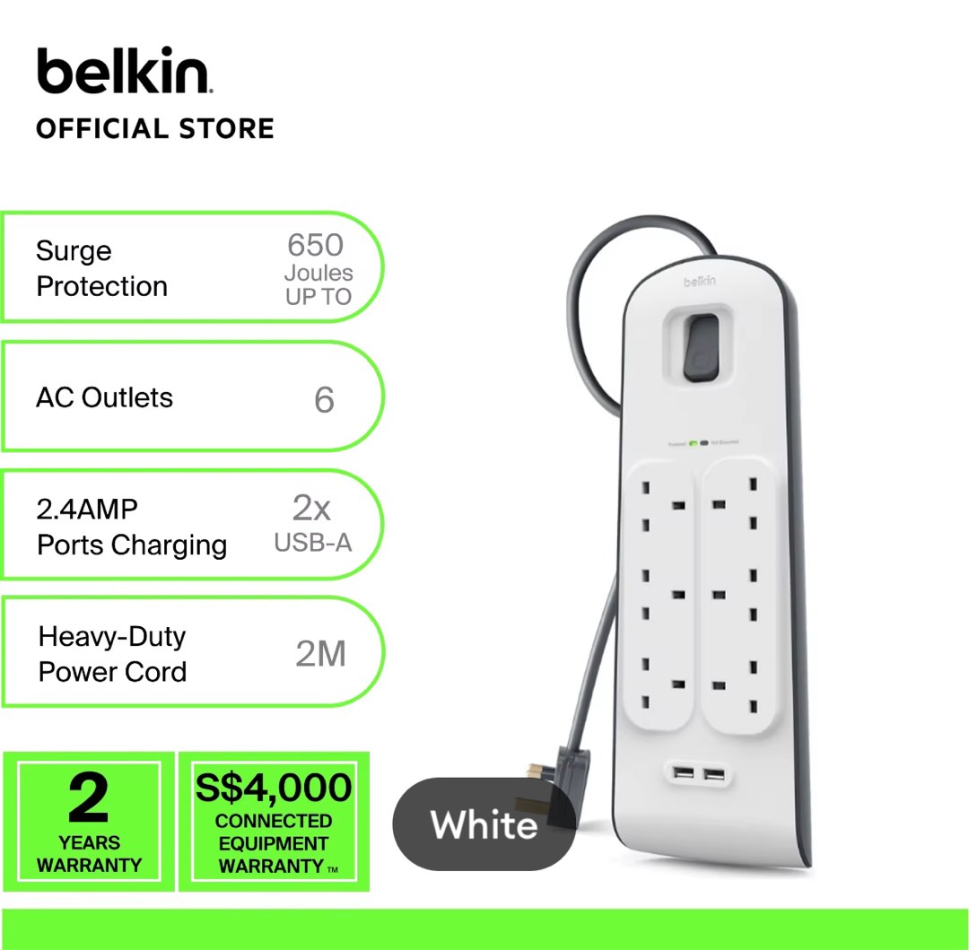 Belkin 6 Way Multi Plug Extension Cord/Socket/Plug BSV604sa2M 6-Outlets ...