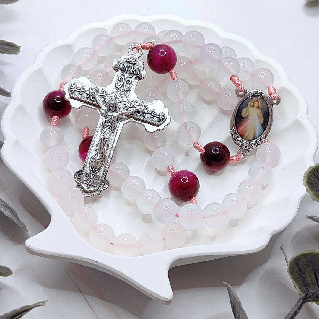 Chaplet of Divine Mercy Rosary, White Onyx, Red Tiger Eye, Picture ...