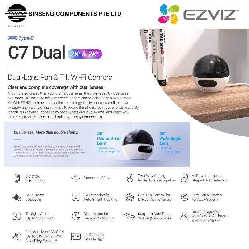 Ezviz C7 Dual-Lens 2K+ & 2K+ Pan Tilt IP Camera [Dual-Band Wifi 2.4 ...