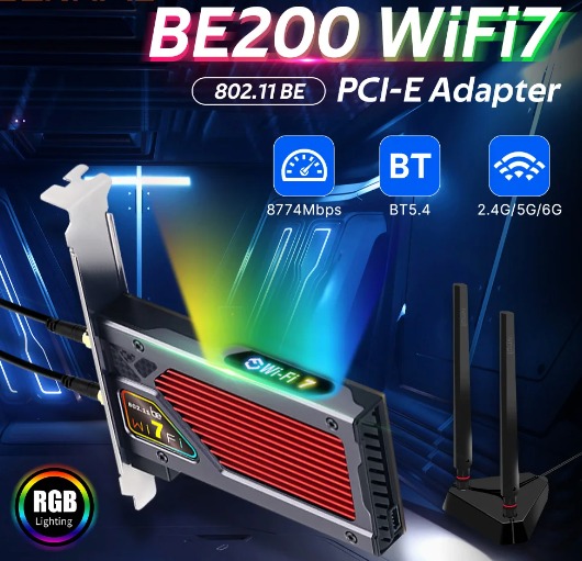 WiFi 7 BE200 RGB lighting PCI-E wireless adapter Bluetooth 5.4 WiFi7 for Intel BE200 Wireless ...