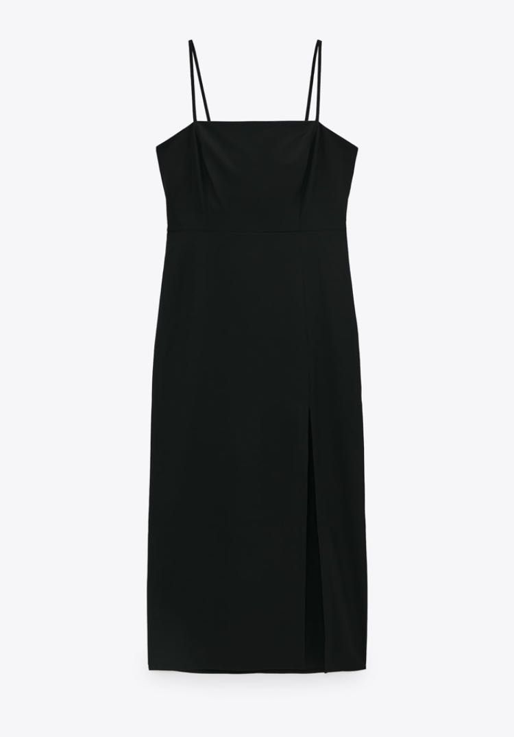 Zara Black Square Neck Midi Dress with Slit , Women's Fashion, Dresses ...