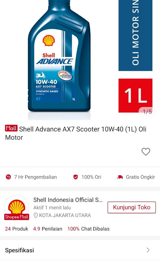 Oli Motor shell advance AX7 Scooter 10W-40 1L, Motor di Carousell