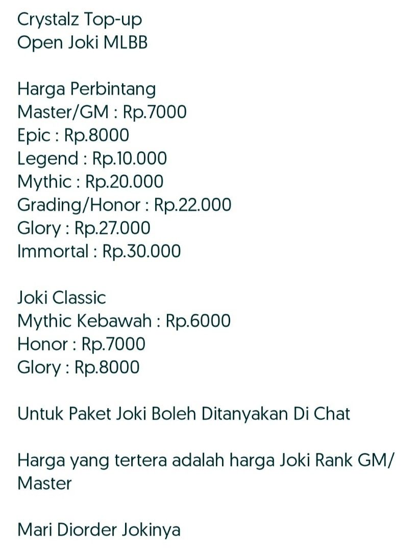 CRYSTALZ TOP-UP OPEN JOKI MLBB, Jasa, Lainnya di Carousell