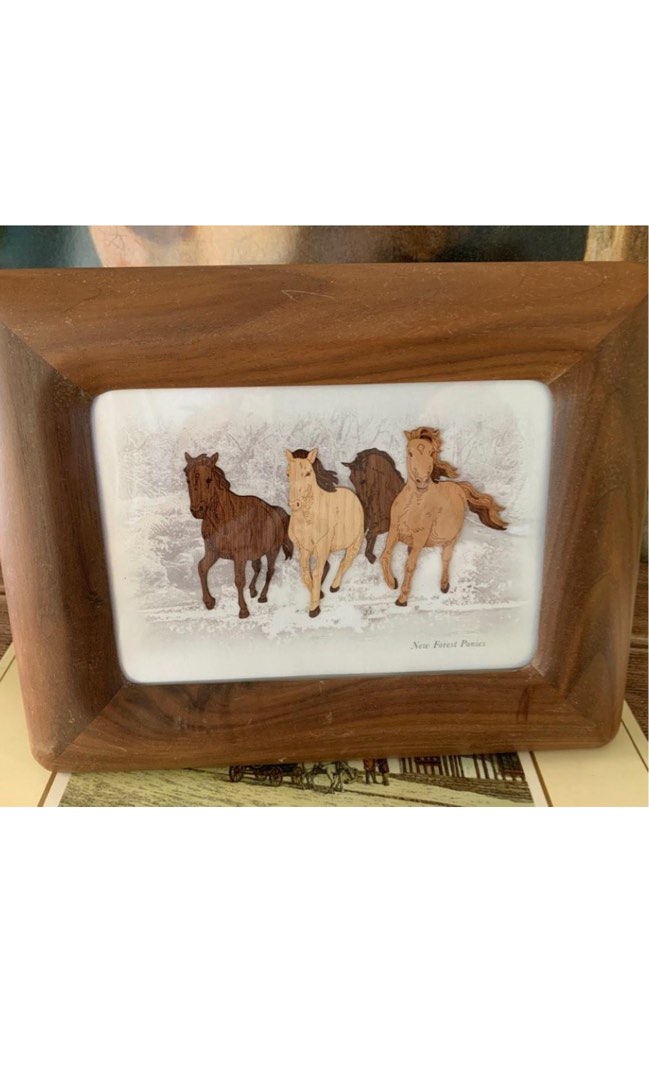Vintage Wood Intarsia poniesin solid teak wood frame with inlaid wood ...
